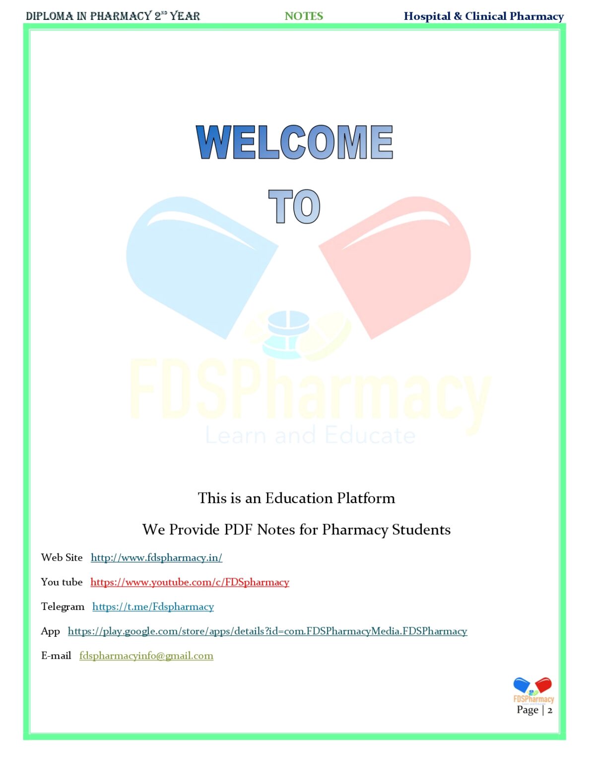 Hospital and Clinical Pharmacy Notes – FDSPharmacy
